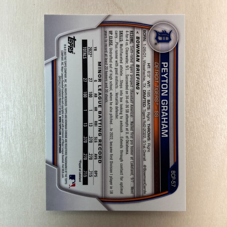 Peyton Graham 2023 Bowman Chrome Prospects 1st #BCP-57 MLB Detroit ...