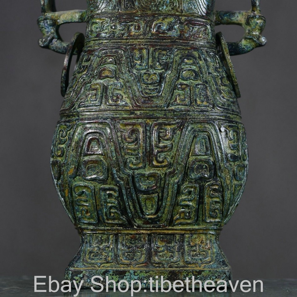 12.8" Old China Bronze Ware Dynasty Palace Dragon Ear Ring Bottle Tank ...