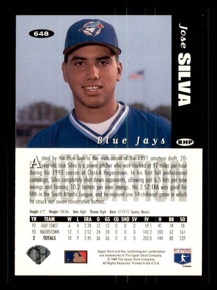 1994 Baseball Upper Deck CC Jose Silva Toronto Blue Jays #648 FF | eBay