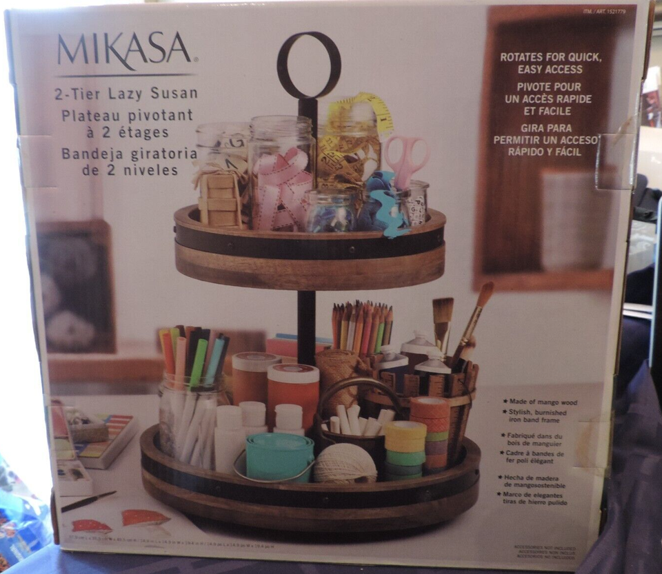 Mikasa 2 Tier Lazy Susan W Burnished Iron Band Accent Mango Wood 2
