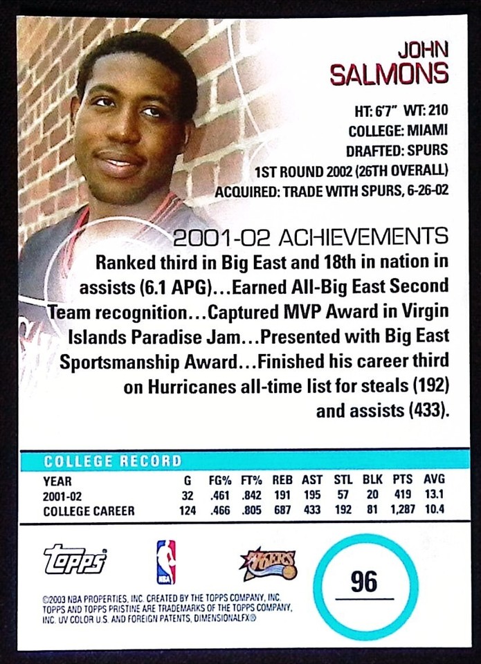 John Salmons - 2002 Topps Pristine #96 - RC - 76ers | eBay