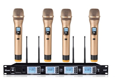 4 Golden Metal Handheld UHF Wireless Cordless Microphone System Karaoke ...