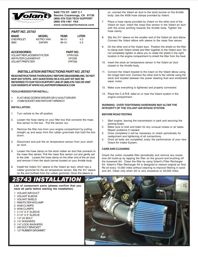 FOR 1996-2005 CHEVROLET ASTRO GMC SAFARI 4.3L V6 VOLANT COLD AIR INTAKE ...