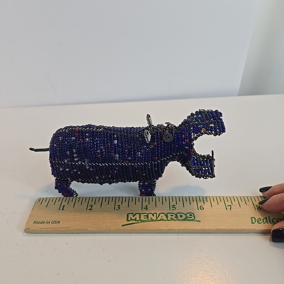 Blue Hippo Kenyan Sculpture Art Bead Wire Beaded Animal Figurine Decor ...