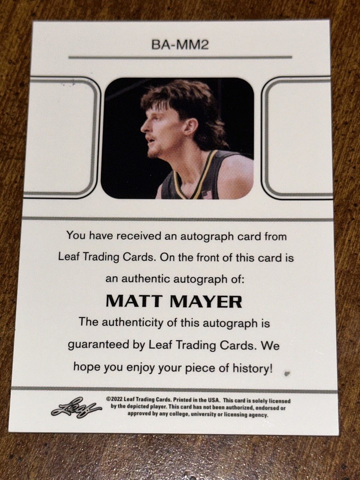 MATT MAYER 2021-22 Leaf Memories AUTOGRAPH #6/99 ILLINOIS Baylor Rio ...