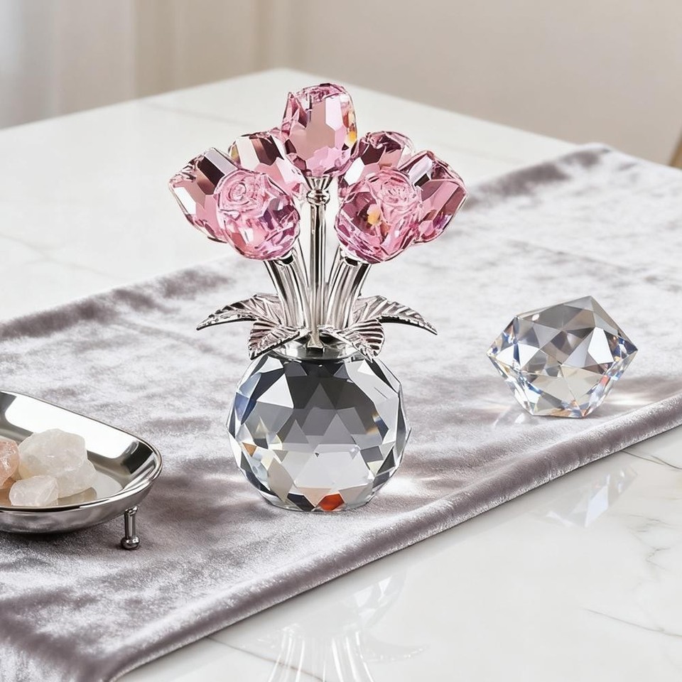 Crystal Rose Ornament - 3D Red Flower Crystal Glass with Stems owers Fl ...