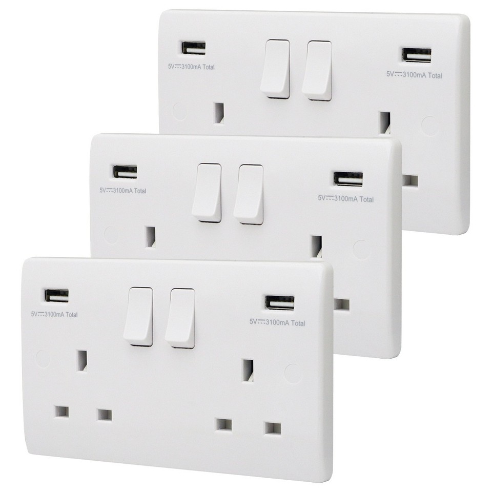 Double Wall Plug Socket 2 Gang 13A with 2 USB Charger Port Outlets ...