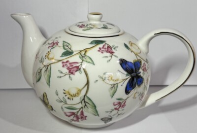 GRACE TEAWARE WHITE WITH BLUE BUTTERFLIES BEES PINK FLOWERS & LEAVES ...