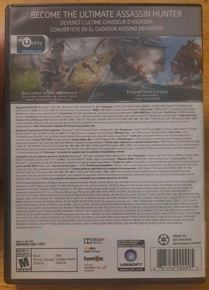 Assassin's Creed: Rogue PC DVD Video Game Software - Ubisoft 2015 ...