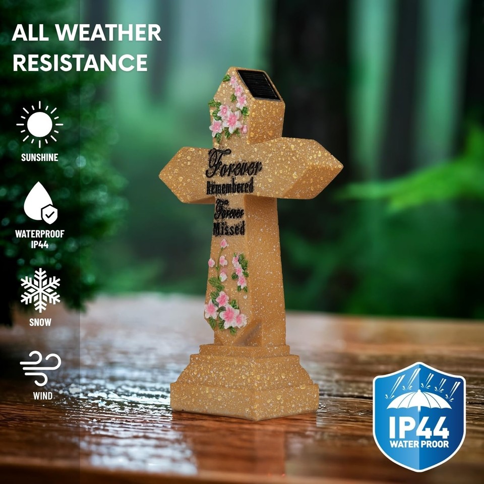 Cross Grave Memorial Statue, Solar Lighted Resin Cemetery Decoration ...
