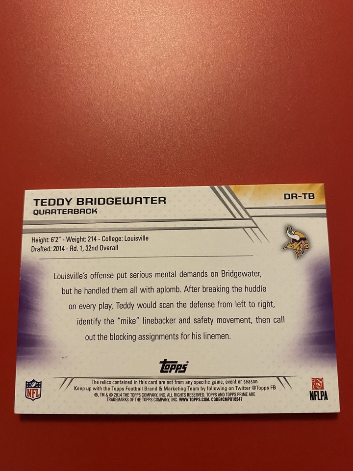 2014 Topps Prime Teddy Bridgewater /25 Rookie Dual Patch Relic #DR-TB ...