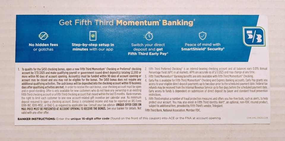 5/3 Fifth Third Bank $450 BONUS Coupon with NEW Checking Account exp. 7 ...
