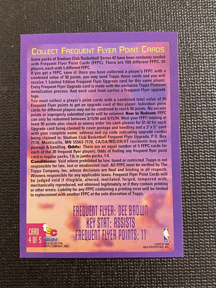 1993-94 Stadium Club Dee Brown Frequent Flyers 11 Points Redemption ...