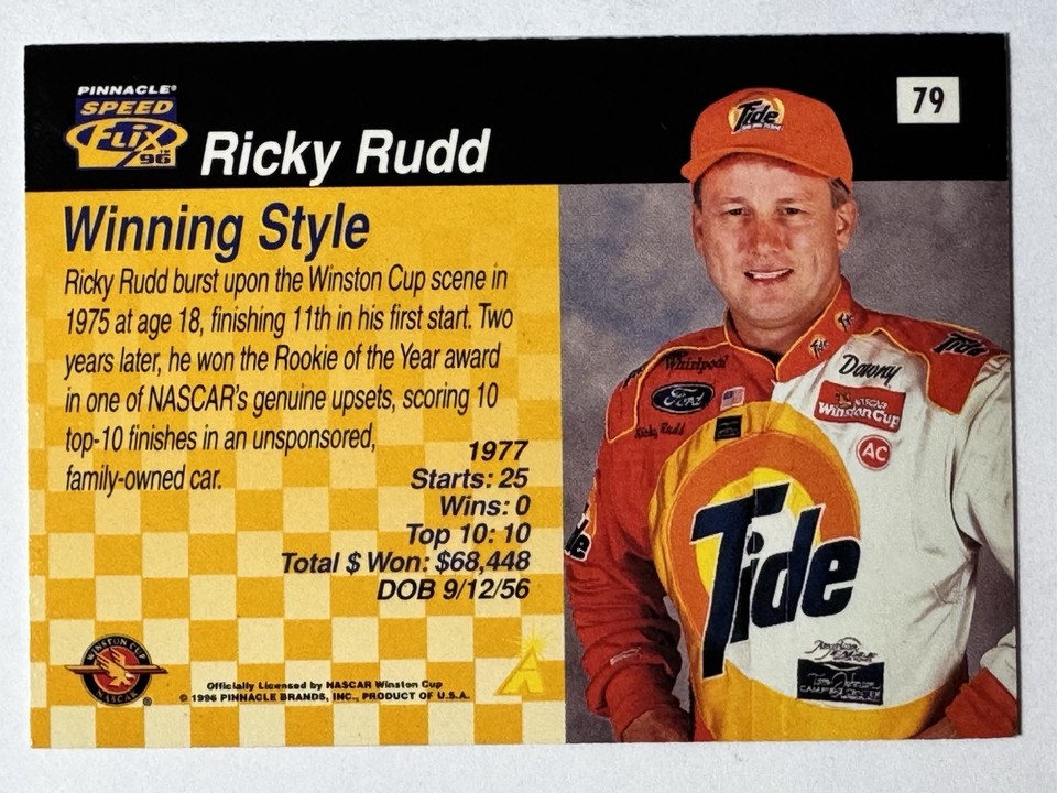 HOFer RICKY RUDD 1996 Pinnacle Speed Flix WINNING STYLE MOTION Racing ...