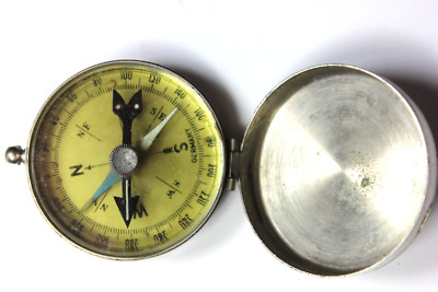 Antique GERMAN Liquid Filled Pocket COMPASS Silver Case Beveled Glass ...