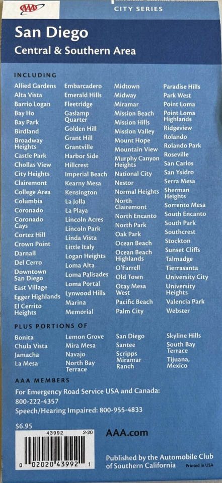 New AAA SAN DIEGO CALIFORNIA ROAD MAP - CENTRAL & SOUTHERN AREA City ...