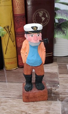 Vintage 4 1/2" Hand Carved Wood Figure Captain Pipe Fisherman Nautical ...