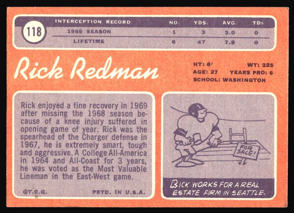 1970 Topps Rick Redman #118 San Diego Chargers | eBay