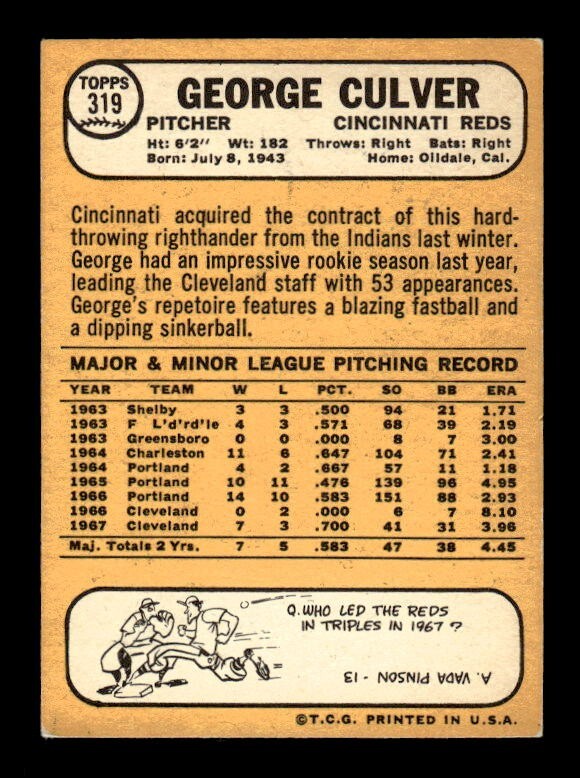 GEORGE CULVER SIGNED 1968 TOPPS BASEBALL #319 CINCINNATI REDS ON-CARD ...
