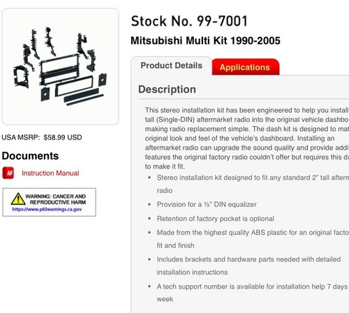 Metra 99-7001 Single DIN Dash Multi-Kit for Select Dodge/Plymouth ...