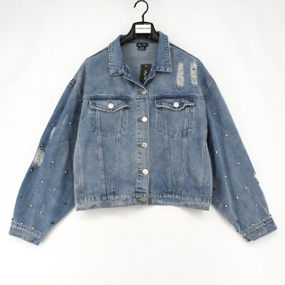 City Chic Women Blue Denim Distressed Long Sleeve Studded Jean Jacket ...