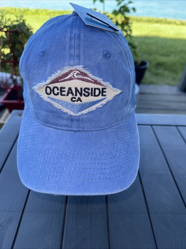 Oceanside CA on Tan Maroon Lt Blue Distressed Patch on Blue Trucker Hat ...