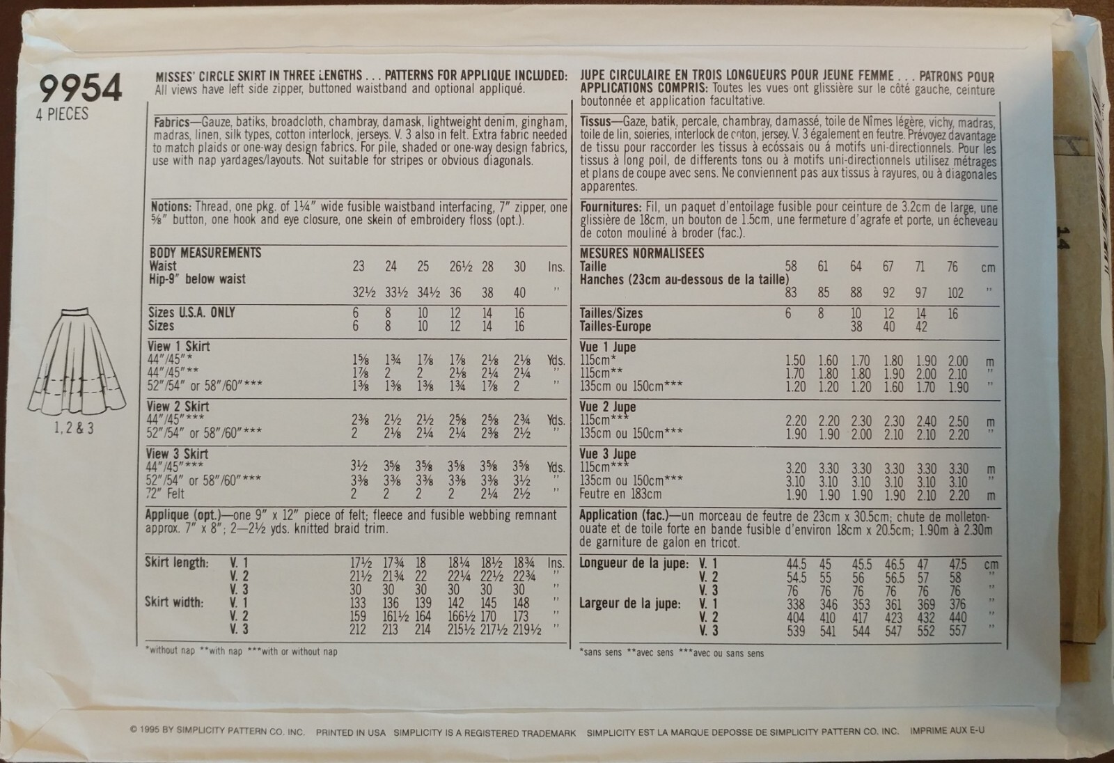 VTG 1995 Simplicity #9954 Circle Skirt Sewing Pattern 3 lengths Sz 10 ...