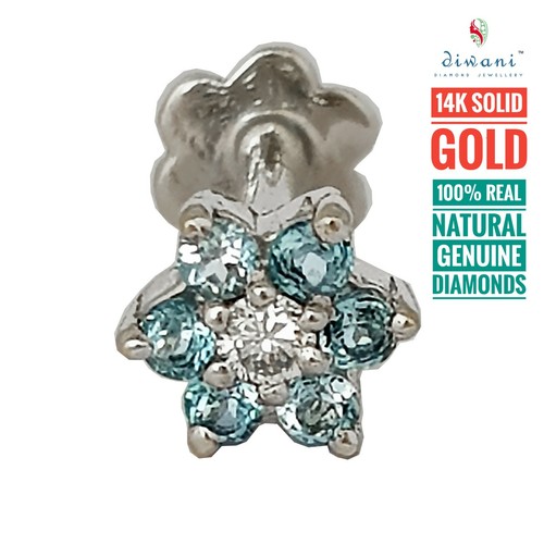 Natural Blue Topaz & Diamond Flower 14k Nose Lip Labret Piercing Screw ...