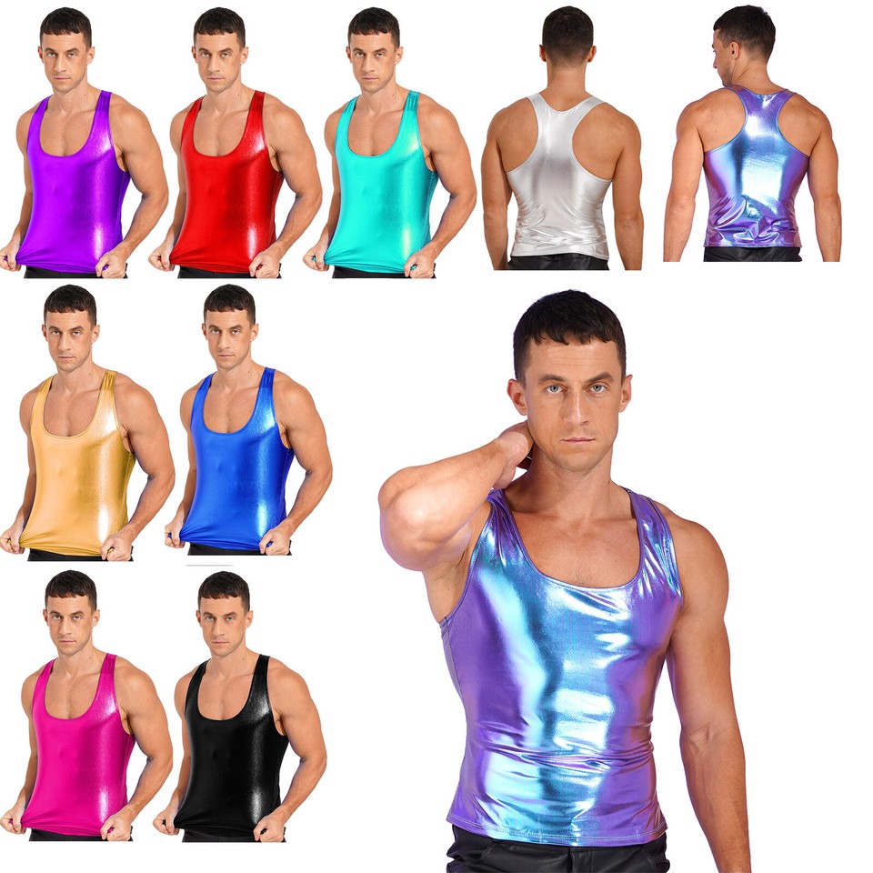 Men Shiny Metallic Sleeveless Muscle Tank Top Faux Leather Vest Tops ...