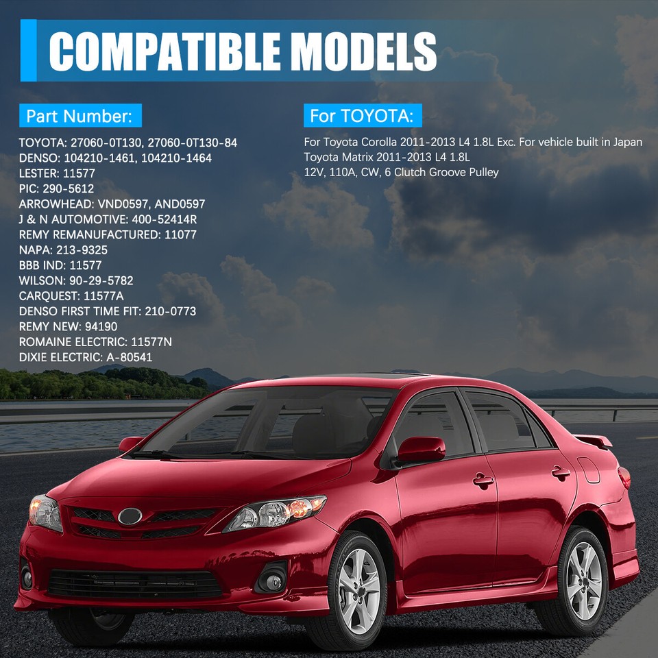 Alternator For Toyota Corolla Matrix 2011 2012 2013 1.8L 11385 11577 ...