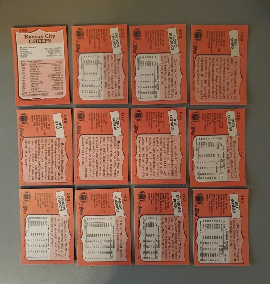 1987 Topps Kansas City Chiefs Team Set ( ALL 12 CARDS) NM-MT | eBay