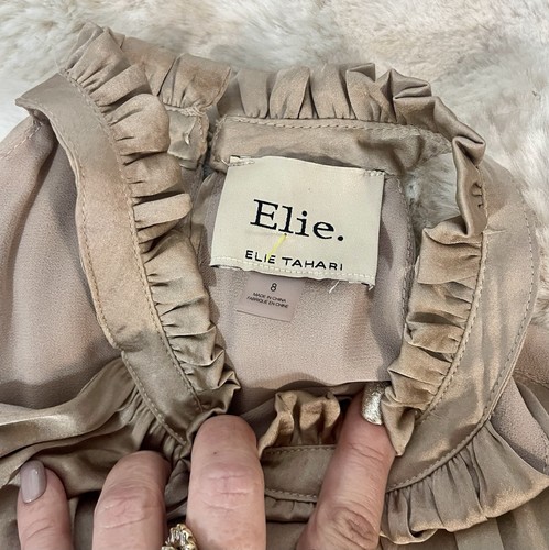 Elie Tahari Sand Satin Silk Feel High Neck Keyhole Back Midi Dress Sz 8 ...