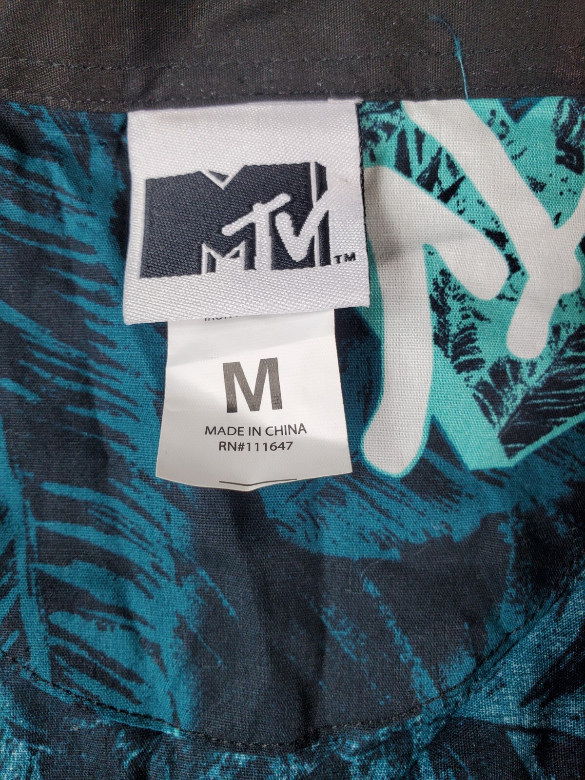 MTV Hawaiian Shirt Mens Medium Button Down Logo Print Black Blue Aloha ...