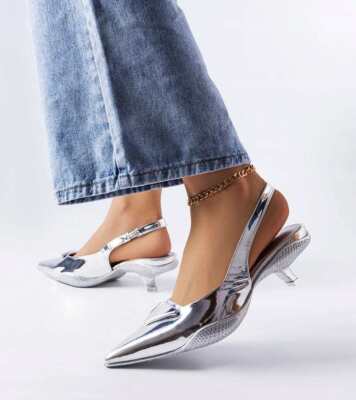 Womens Ladies Pointed Low Heel Silver Shoes | eBay UK