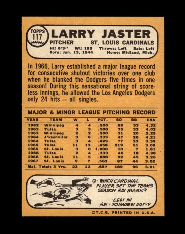 1968 Topps Set-Break #117 Larry Jaster NM-MT OR BETTER *GMCARDS* | eBay