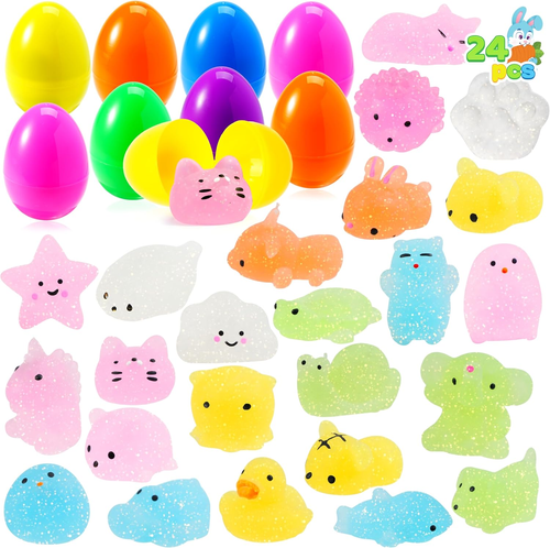 24 Pcs Easter Prefilled Eggs with Mochi Squishy Toys, Cute Glitter ...