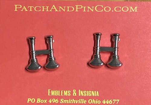 Fire Dept 2 Bugles Silver Pair Collar Pins Rank Insignia Captain FD VFD ...