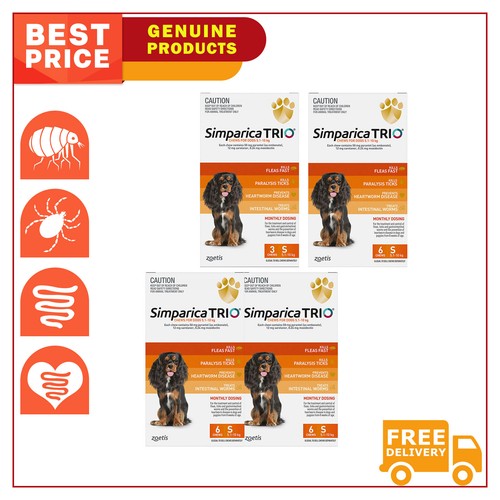 SIMPARICA TRIO 3,6,12 Chews Heartworm Flea Control Orange for 5.1 to 10 ...