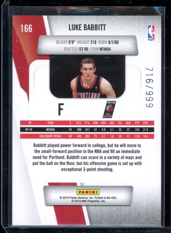 2010-11 Panini Prestige #716/999 Luke Babbitt Rookie RC #166 Portland ...