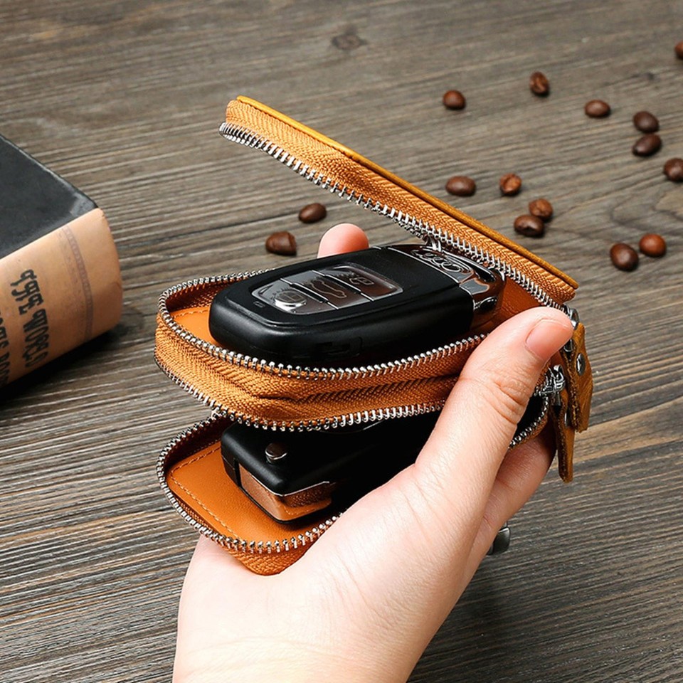 Genuine Leather Car Key Chain Holder Wallet Keychain Bag Double Zipper ...