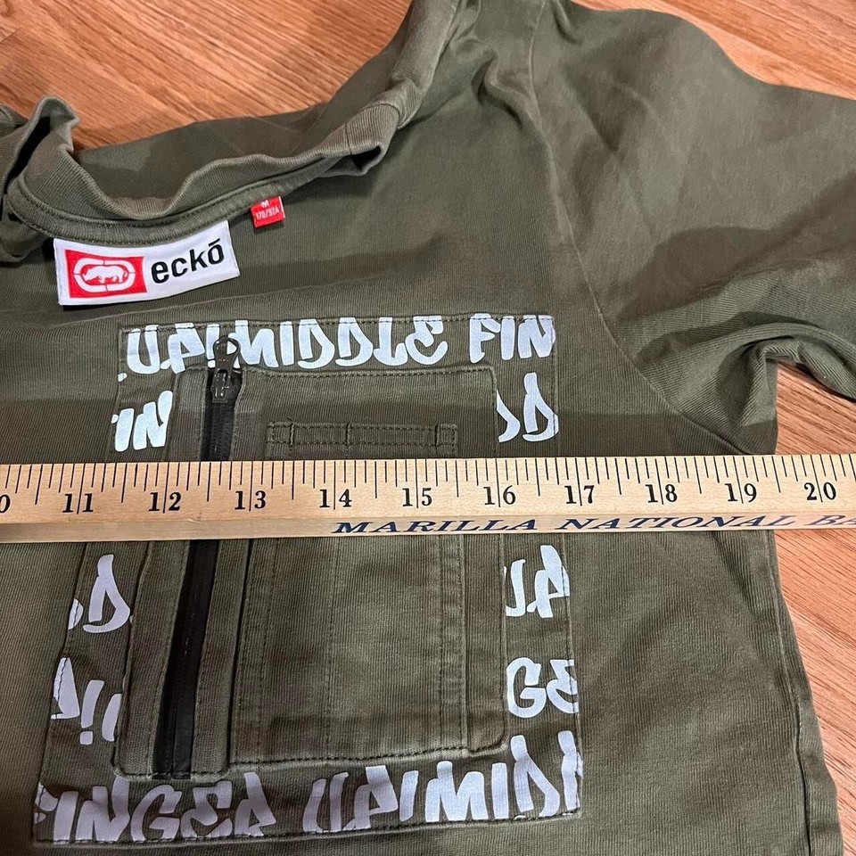 Medium Y2K Ecko Middle Finger Up Zipper Pocket Shirt khaki green t ...