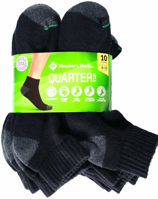 Member's Mark Black Quarter Top Sport Socks 5 Pairs Shoe Size 6-12 USA ...