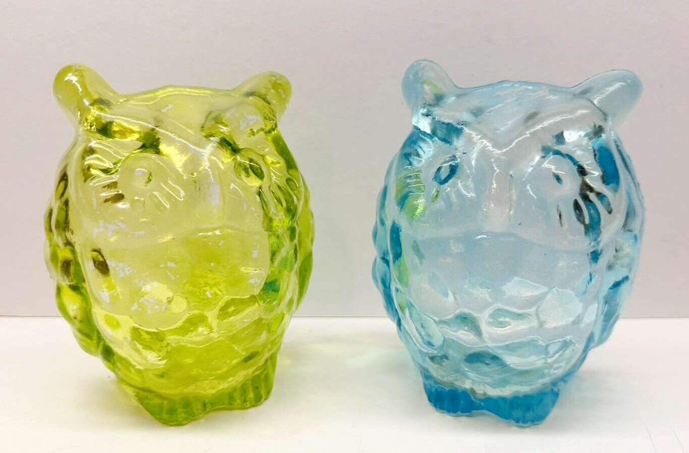 Set Of 2 Green & Blue Tint Party Lite Glass Owl Votive/Tealight Candle ...