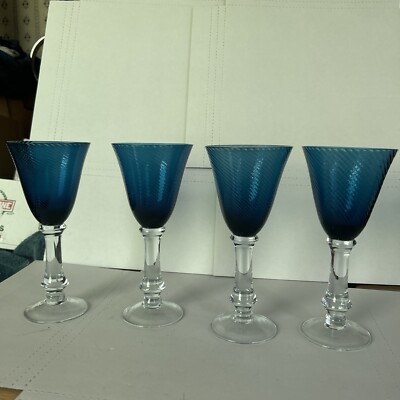 Set Of 4 Amazing Deep Blue Swirl Glass With Clear Glass Neck Goblets | eBay