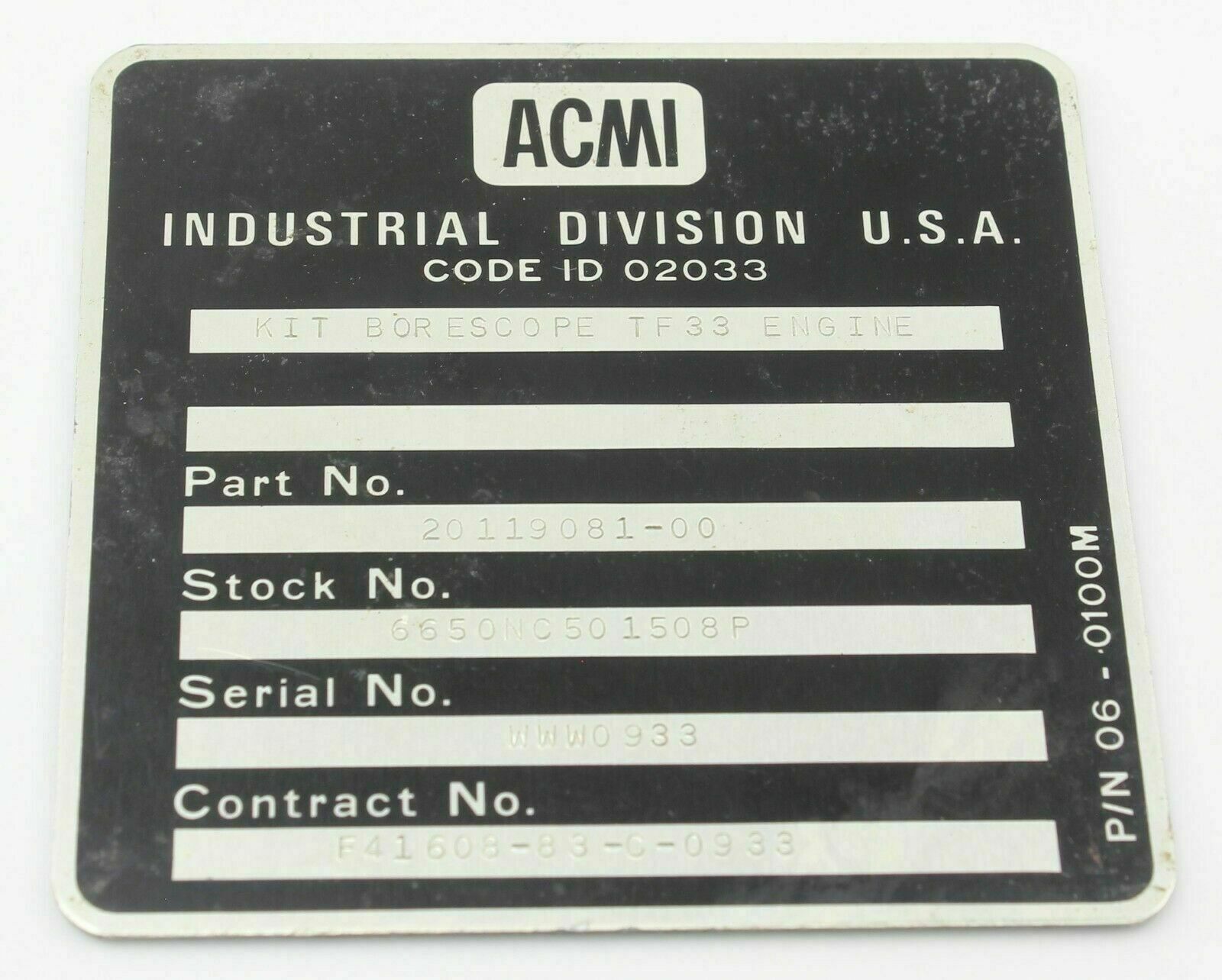 ID Plate Panel for Borescope TF33 Engine B52 ACMI USAF 02033 Vintage ...