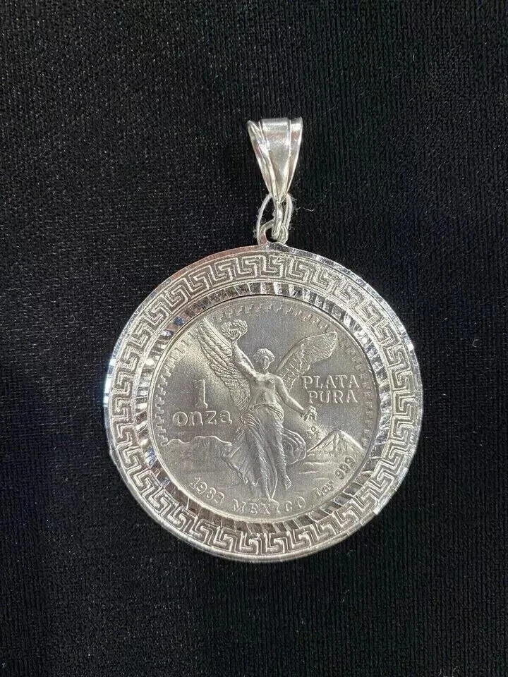 925 Sterling Silver CENTENARIO Mexican Shape Charm Pendant 14K White ...