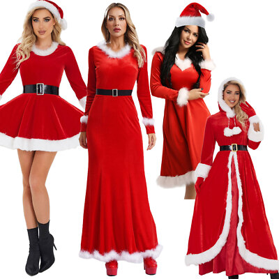 Women's Santa Costume Mrs. Claus Christmas Dress Outfits Hooded Santa ...
