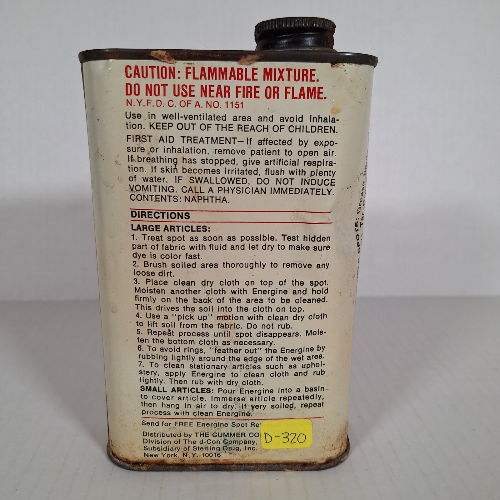 Vtg Energine Spot Remover Cleaning Fluid Tin 16 Oz Empty Display Cummer ...
