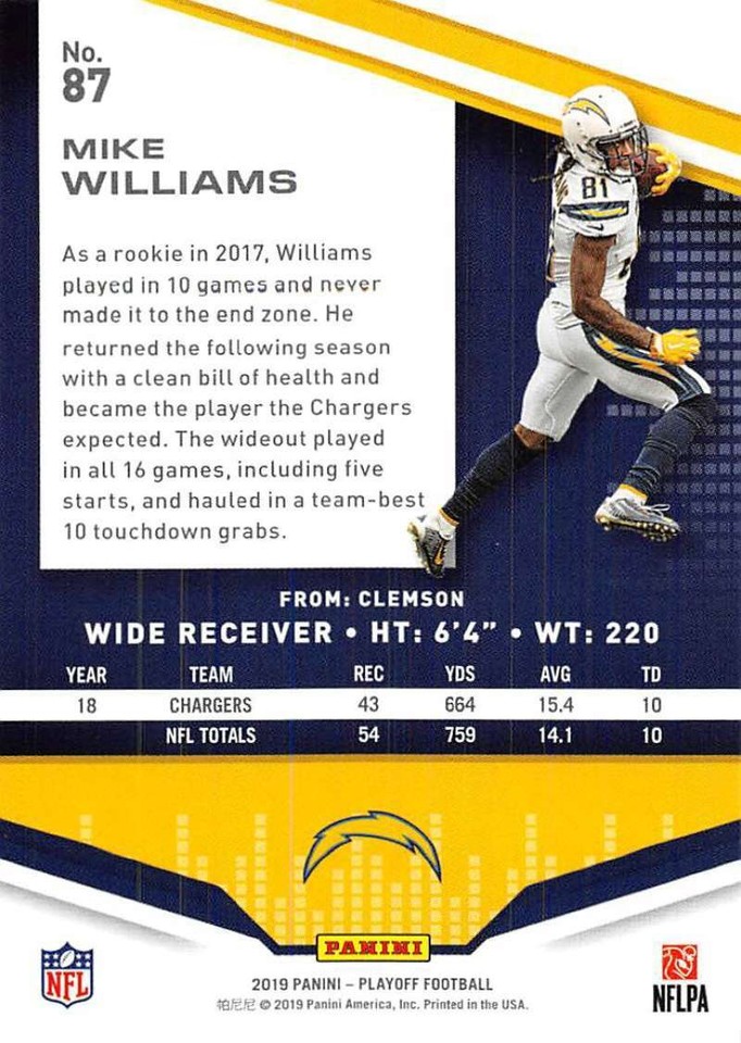 MIKE WILLIAMS 2019 Panini Playoff #87 NFL LA Chargers ID:31938 | eBay