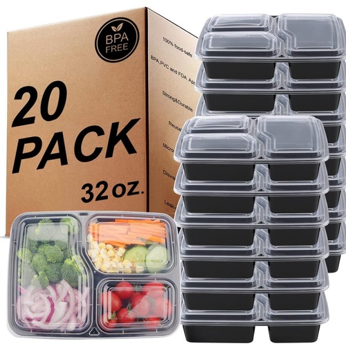 Meal Prep Box, Bento Box, 3 Compartments - 20 Pack 32 oz with Lids | eBay